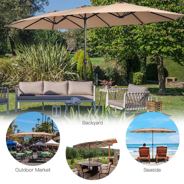 Costway 15 ft. Double Sided Twin Metal Market Patio Umbrella W Crank Base in Coffee GHMHSKU00217