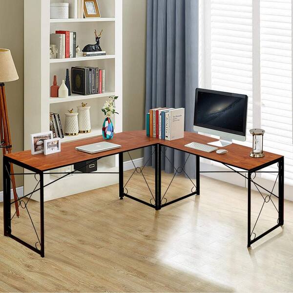 VECELO L Shaped Computer Corner Desk 19.7 in. Large Industrial Home Office Workstation Multi Usage Long 2 Person Table Brown KHD JYX TC14 BRN