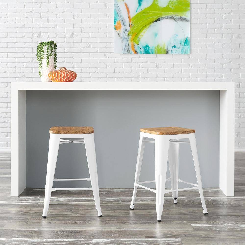 StyleWell Finwick White Metal Backless Counter Stool with Natural Wood ...