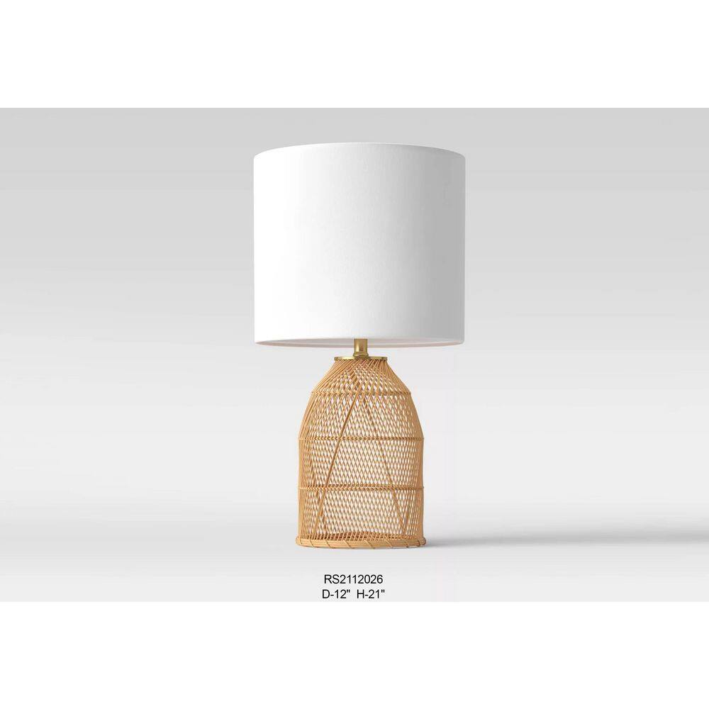 Hampton Bay Tallaran 21 in. Rattan Table Lamp with White Fabric Shade ...