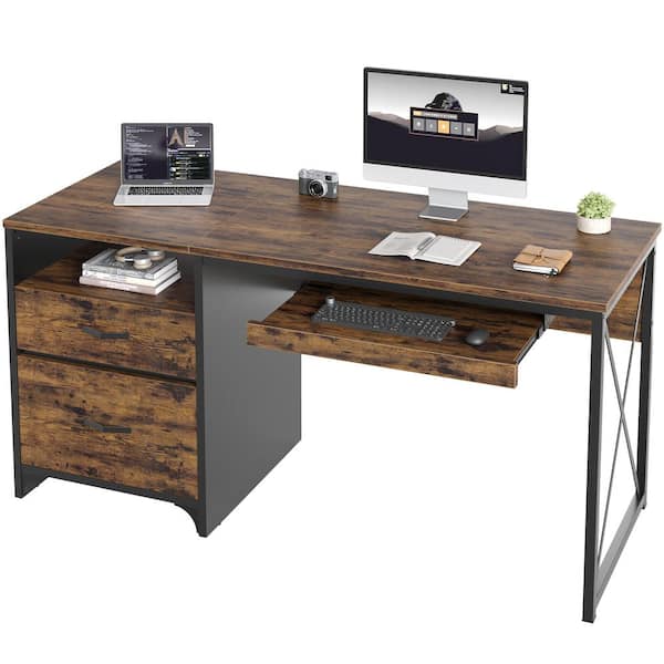 Bestier 55 in. Rectangular Rustic Brown Office Desk with Storage File Drawers and Keyboard Tray H105614C RST