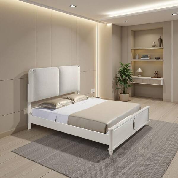 Benjara Veda Light Gray and Pearl White Wood Frame Queen Size Panel Bed with LED BM333996 - The ...