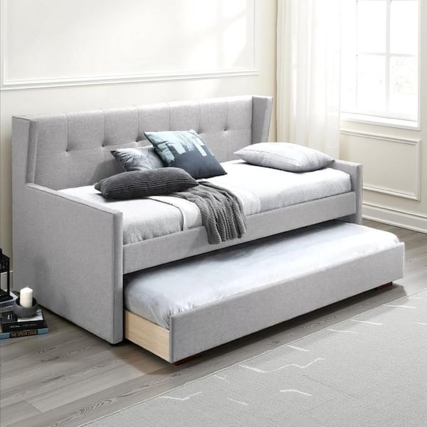 Benjara Diem Classic Gray Twin Size Daybed with Trundle and Button ...