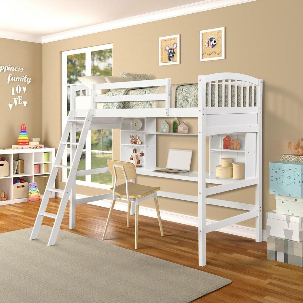 Polibi White Twin Size Wood Loft Bed with Storage Shelves, Desk and Ladder RD14-20442KAA - The ...