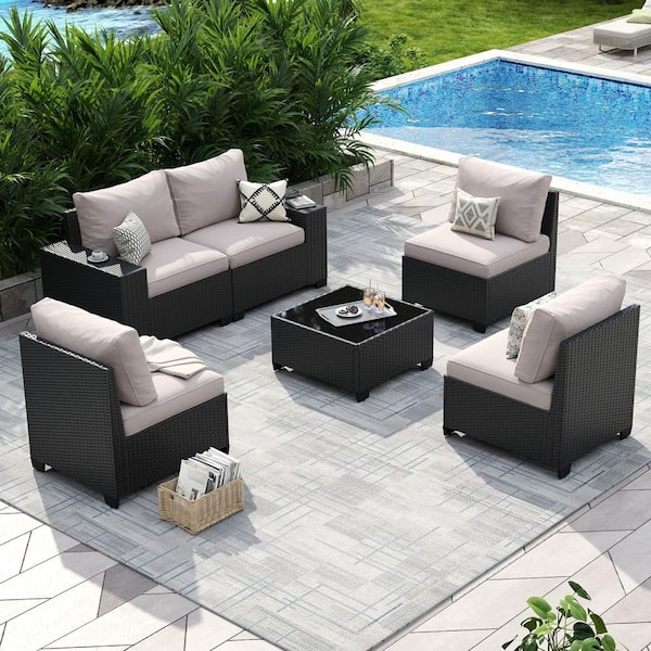 Sizzim Black 6-Piece Patio Wicker Outdoor Patio Conversation Set with ...