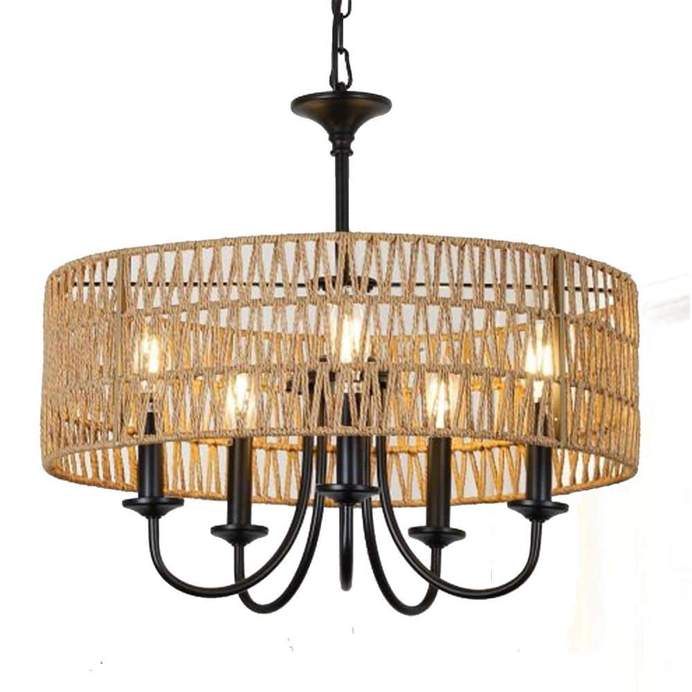 Sunpez 20 in. W 5-Light Farmhouse Chandelier with Hand Woven Wicker Shade, Brown Rattan Pendant ...