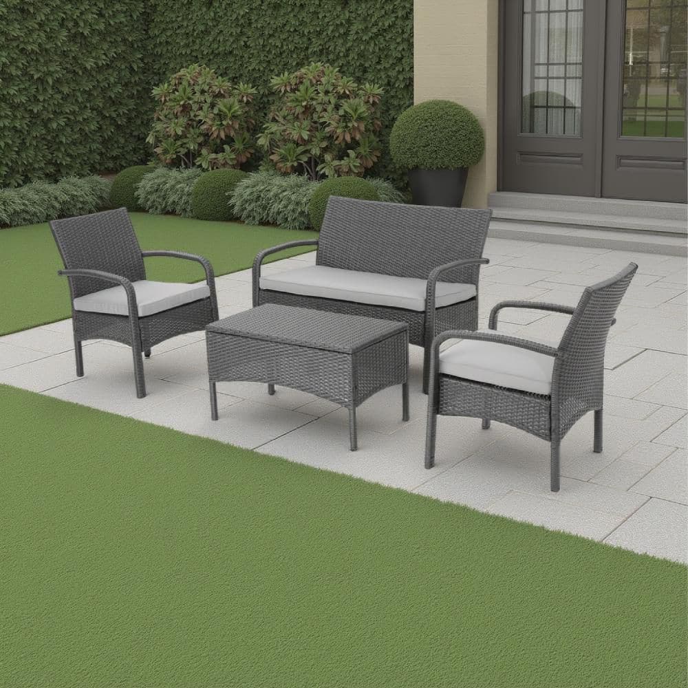 Benjara Orry Dark Gray 4-Piece Metal Patio Conversation Set with Light ...