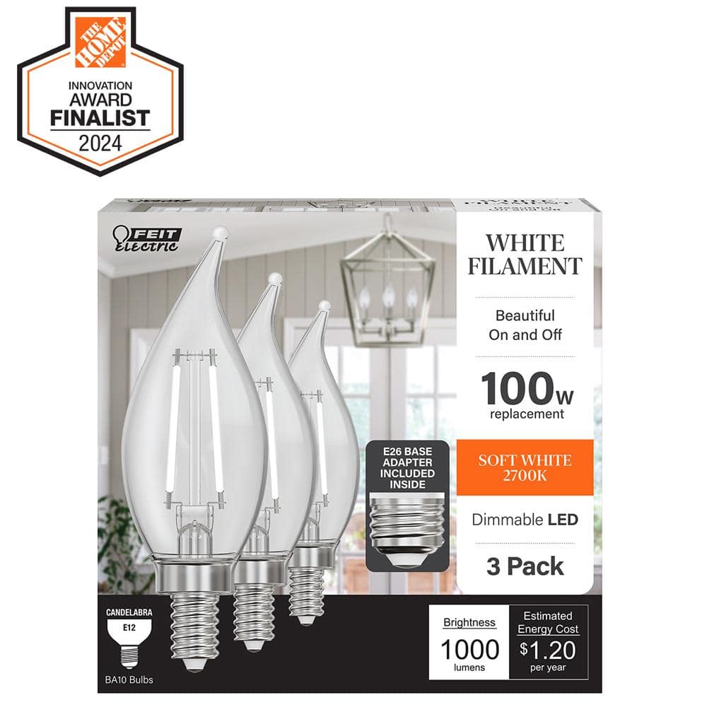 Feit Electric 100W Equivalent BA10 E12/E26 Candelabra Dimmable White ...