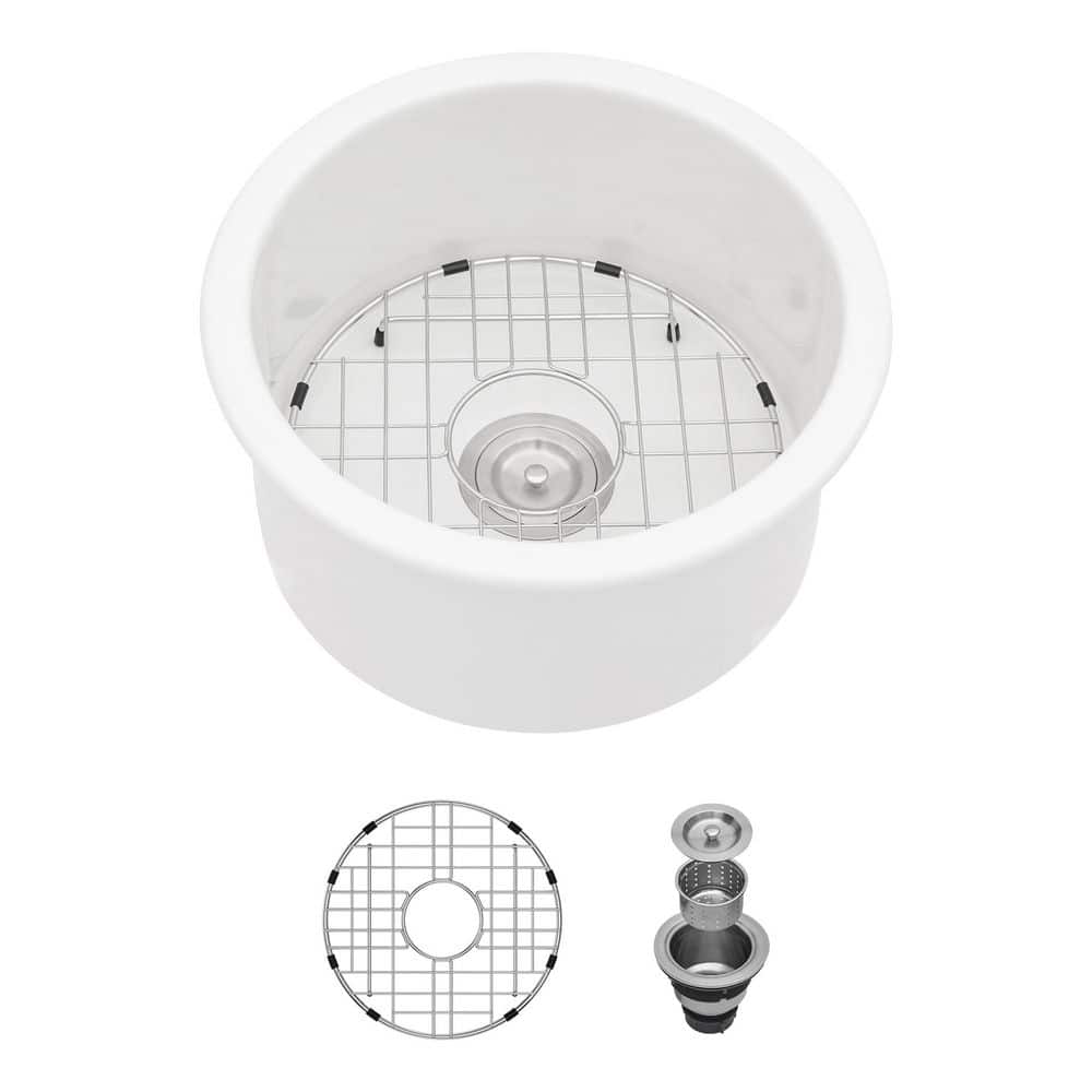 Qidian 18 in. Dual Mounted Single Bowl White Ceramic Circular Kitchen ...