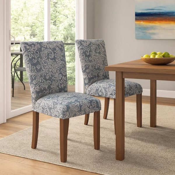 Benjara Jax Denim Blue and White Walnut Brown Polyester Dining Chair ...