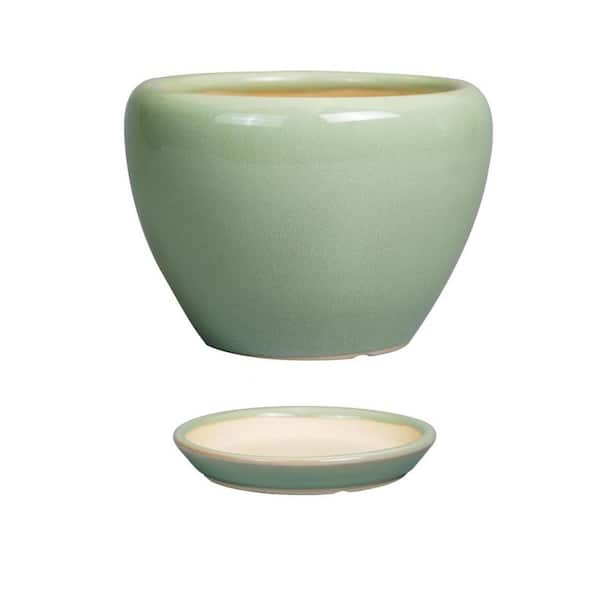 Reactive Green Ceramic Indoor/Outdoor Planter with Saucer (6.3 in. W x ...