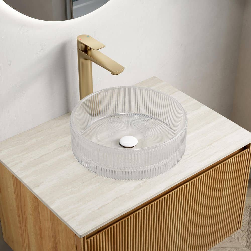 14 in. Countertop Round Bathroom Sink Vessel in Transparent Crystal ...