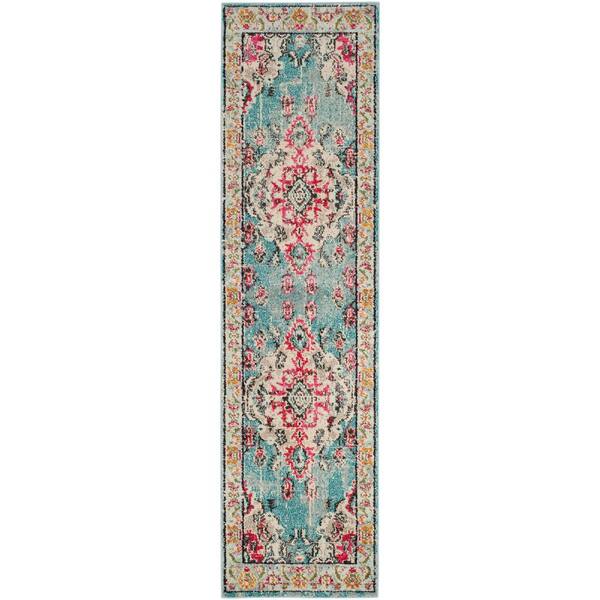 SAFAVIEH Monaco Light Blue/Fuchsia 2 ft. x 8 ft. Distressed Border ...