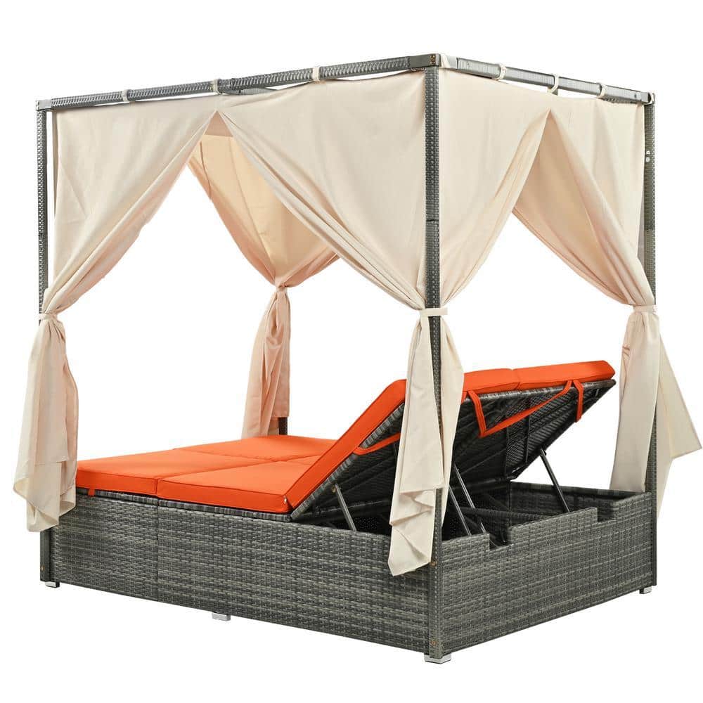 Sudzendf Gray 1-Piece Wicker Outdoor Day Bed with Orange Cushion, Patio ...