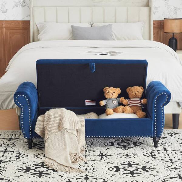 Navy blue velvet storage ottoman store