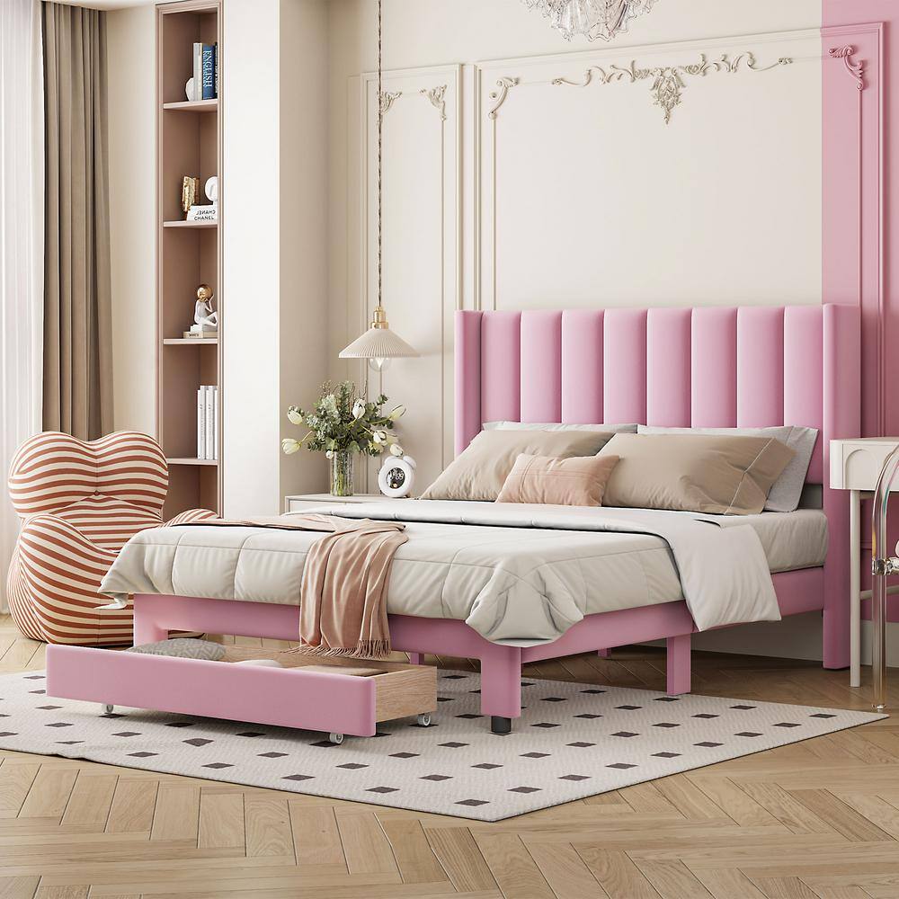Nestfair Pink Wood Frame Full Velvet Upholstered Platform Bed with a ...