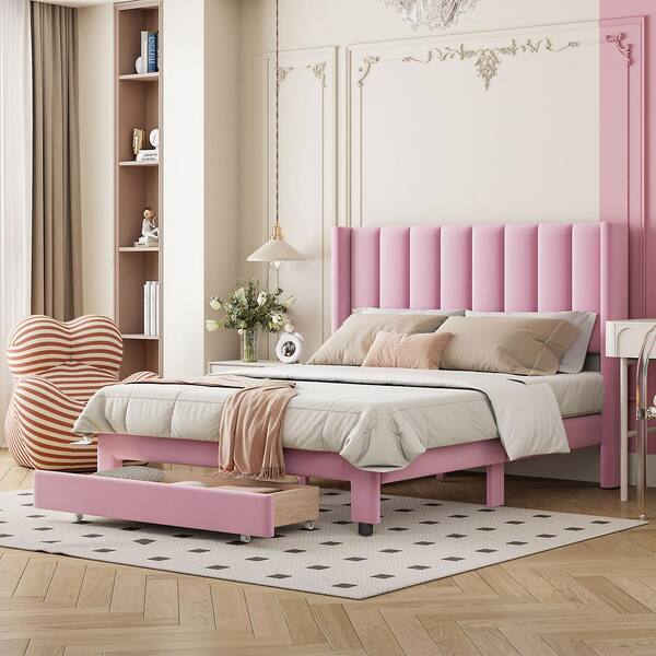 Nestfair Pink Wood Frame Full Velvet Upholstered Platform Bed with a ...