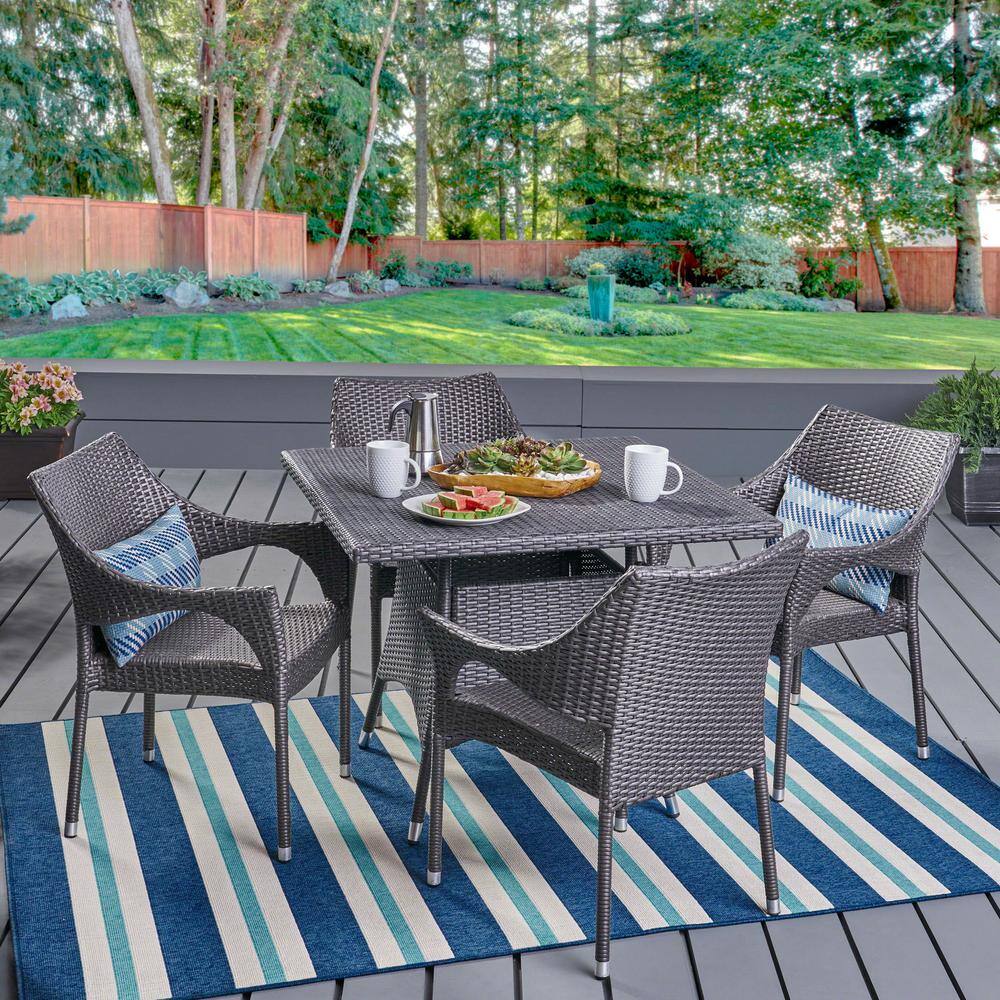 Noble House Cayden Grey 5-Piece Faux Rattan Square Outdoor Dining Set ...
