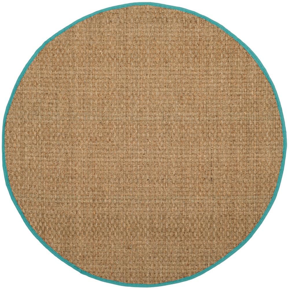 SAFAVIEH Natural Fiber Natural/Teal 8 ft. x 8 ft. Border Woven Round ...