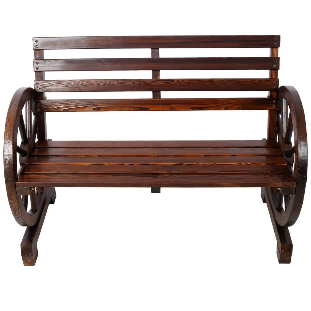 1-PC 2-Person Brown Outdoor Wood Wagon Wheel Bench with Rustic Brown ...