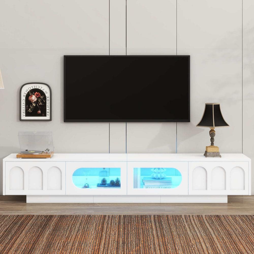 Polibi White TV Stand Fits TV's Up to 95 in. with Fluted tempered Glass ...