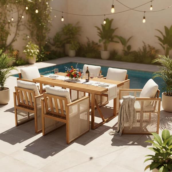 CHRISTOPHER KNIGHT HOME Royko Beige 7-Piece Solid Wood Outdoor Dining ...