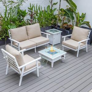 Leisuremod Walbrooke White 5-Piece Aluminum Square Patio Fire Pit Set ...
