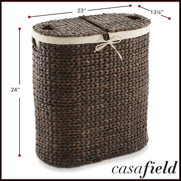 Casafield Brown Espresso 23 in. x 24.25 Wicker Water Hyacinth Decorative Basket 2 Section Oval Laundry Hamper w Lids and Liners STO LAU20 BRN. The Home Depot