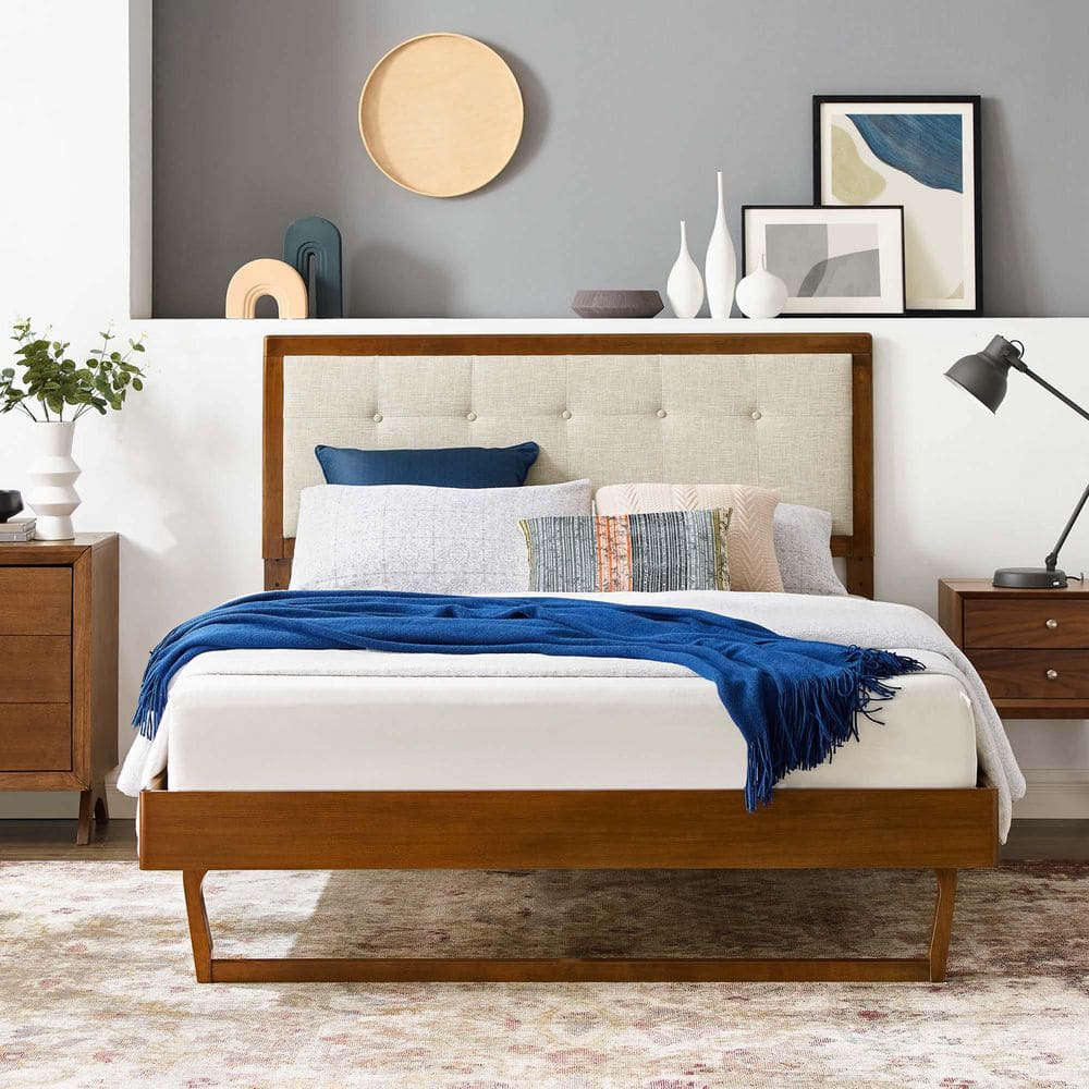 MODWAY Willow Walnut Beige Wood Frame Queen Platform Bed With Angular ...
