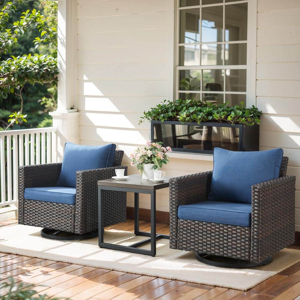 Opohoro Brown 3-Piece Wicker Patio Conversation Set, Outdoor Swivel ...
