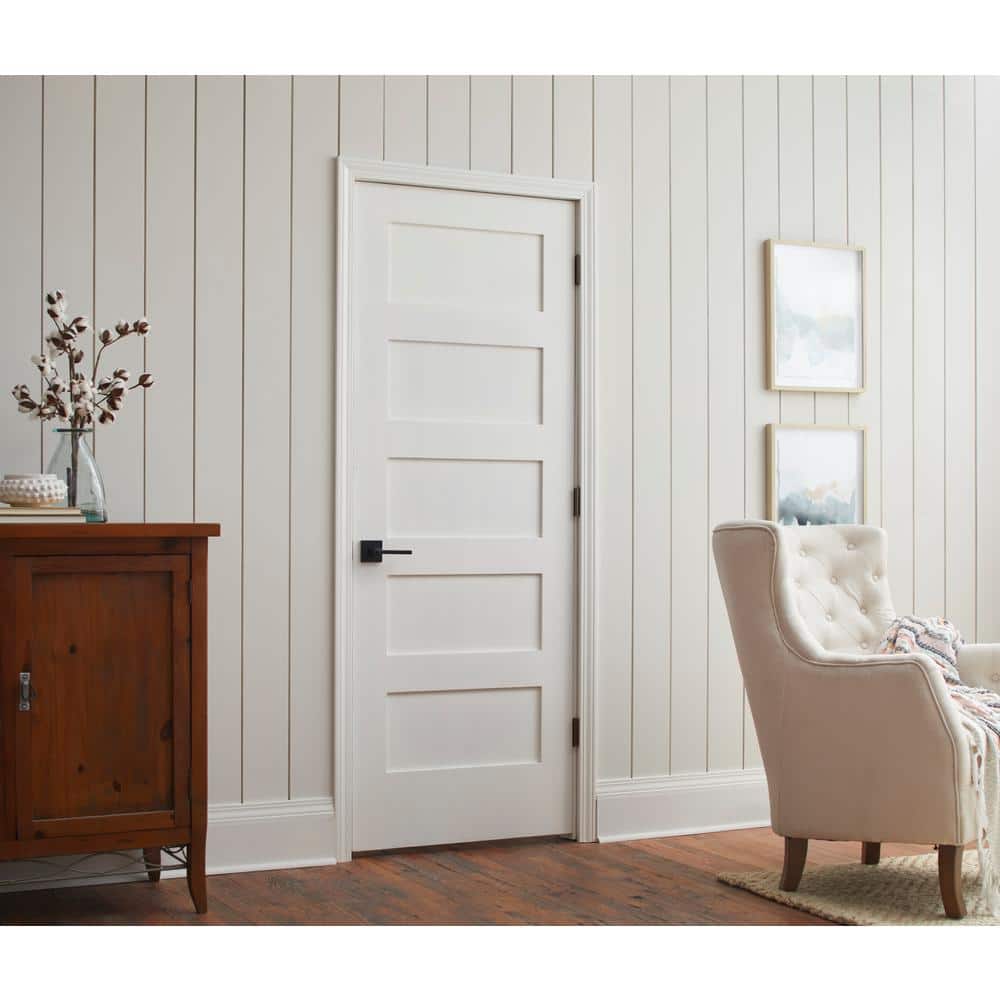 JELD-WEN 30 in. x 80 in. 5-Panel Solid Core White Shaker Primed Smooth ...