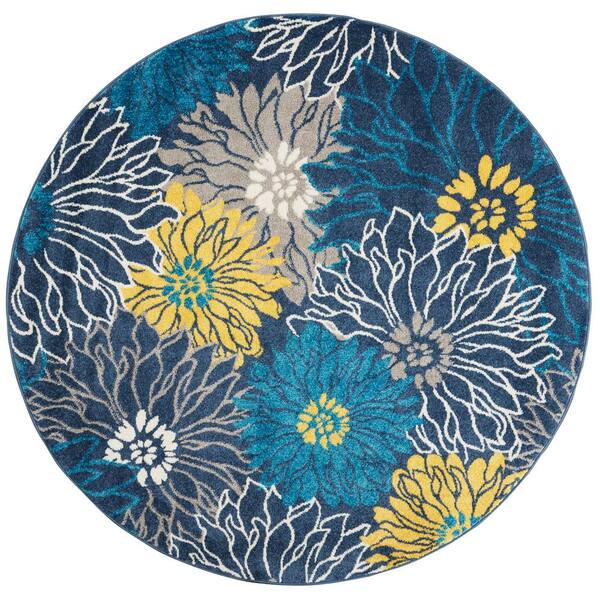 Nourison Passion Blue 5 ft. x 5 ft. Floral Contemporary Round Rug ...