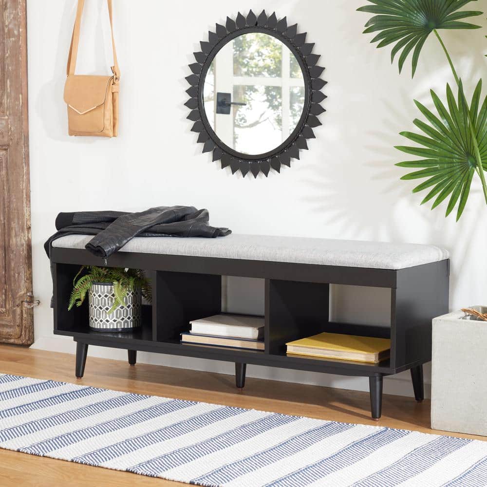 SAFAVIEH Cricket Grey Linen/Black Entryway Bench With Cushion 47.64 in ...