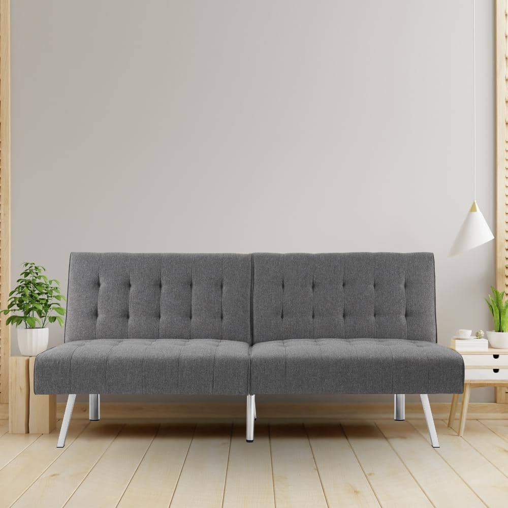 HOMESTOCK Gray Linen Tufted Split Back Convertible Futon Sofa Bed ...