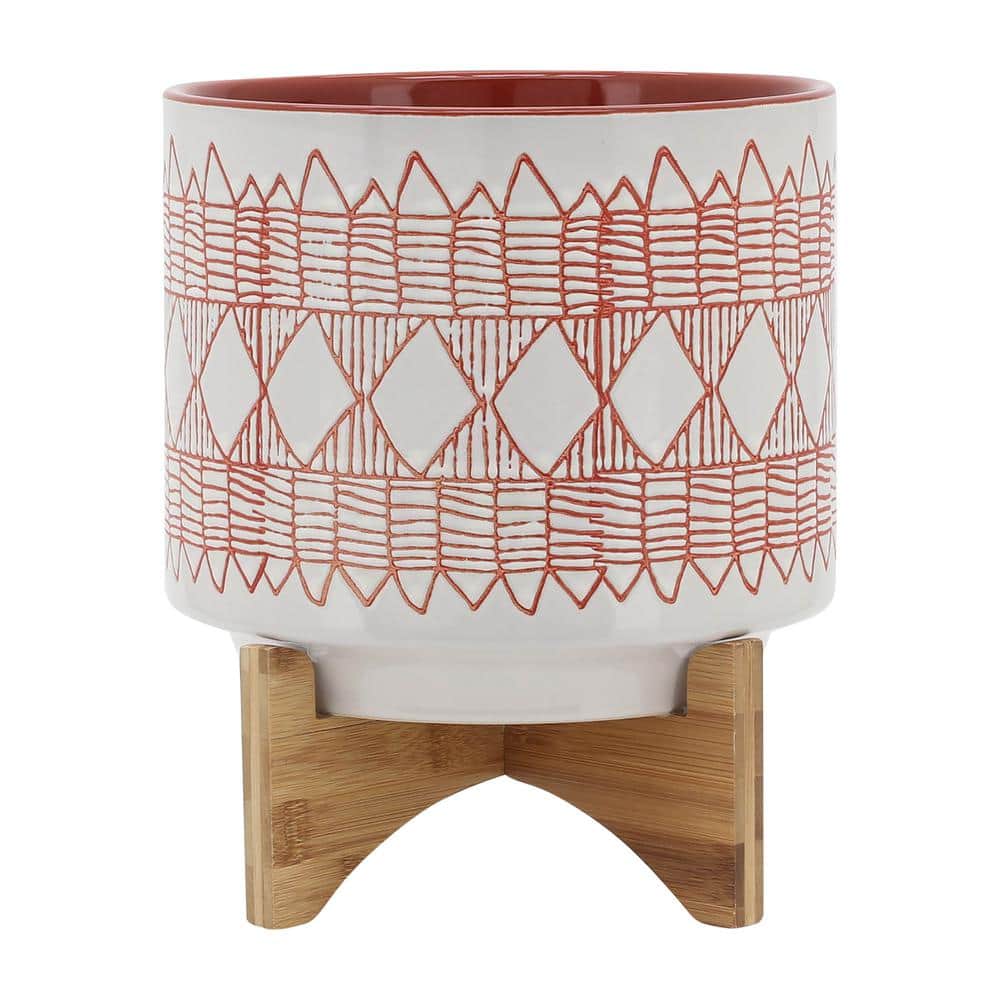 Flynama 10 in. Red and White Ceramic Planter Stand Plant Pot with Wood ...