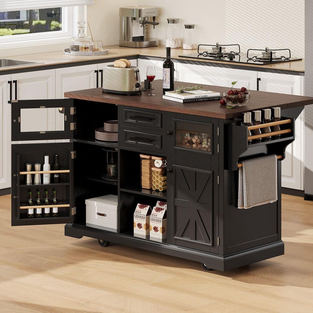 Harper & Bright Designs Black Wood Kitchen Cart with Drop-Leaf, Power ...