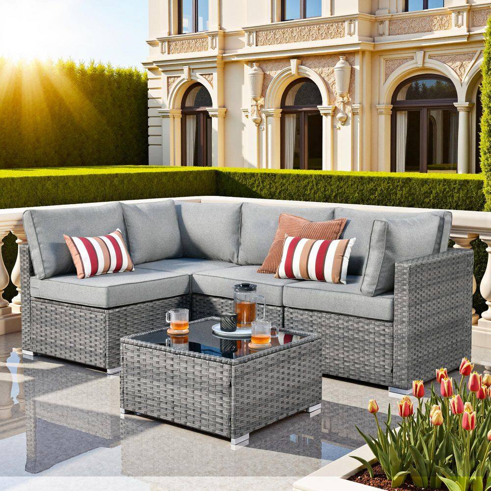 Caodoc Elora Gray 5‑Piece Wicker Outdoor Sectional Sofa Set with Dark ...