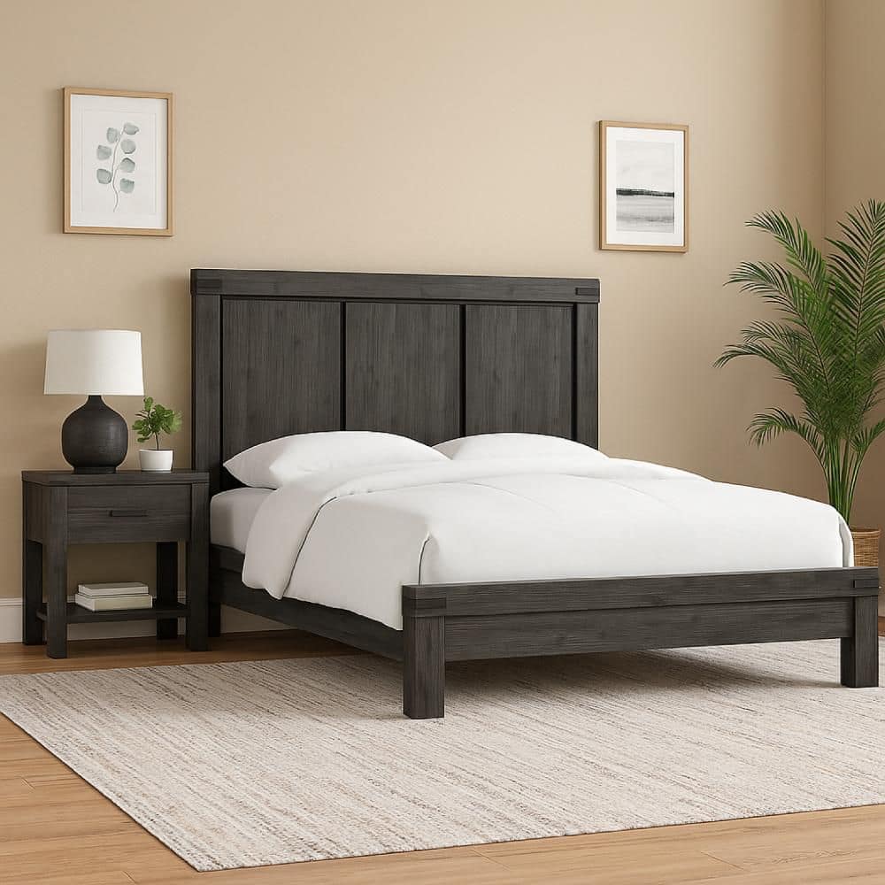 Benjara Gael Gray Wood Frame Full Panel Bed with Panel Headboard ...