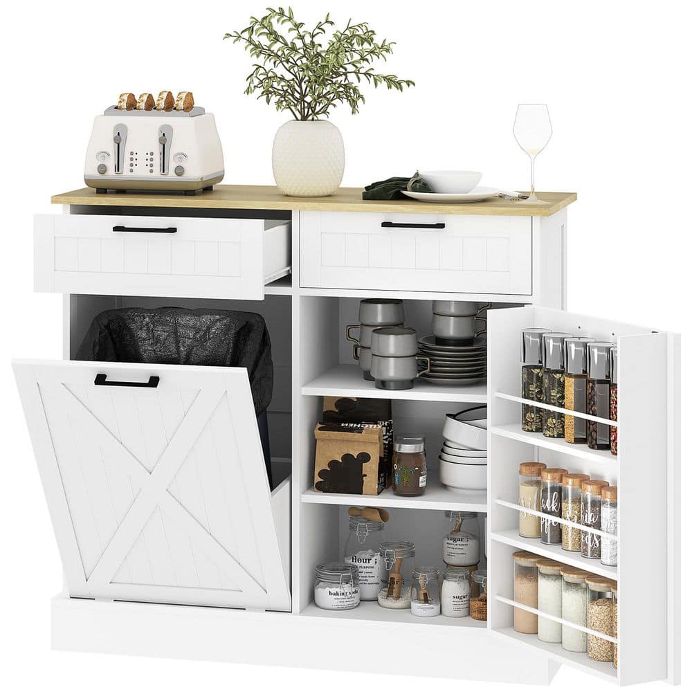 HOMCOM White 39.4 in. Pantry Organizer Sideboard with Tilt Out Trash ...