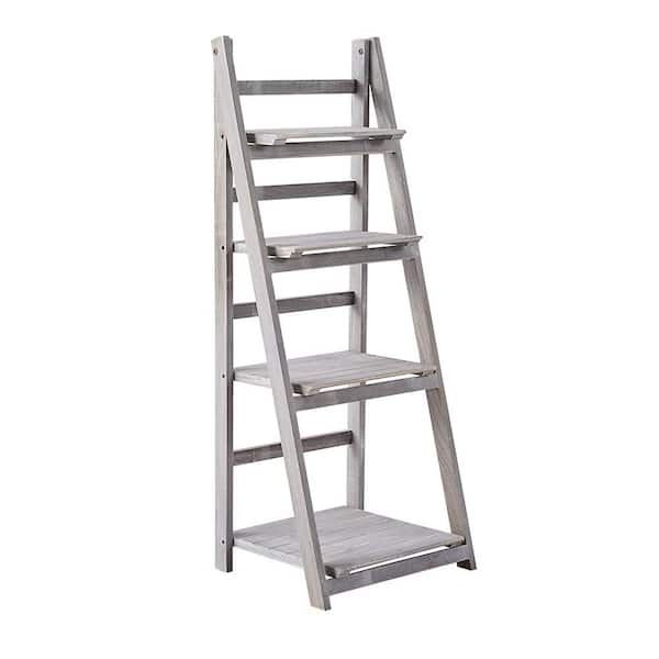 45 in. Gray Foldable Ladder Shelf 4-Tier Patio Rustic Wood Stand with ...