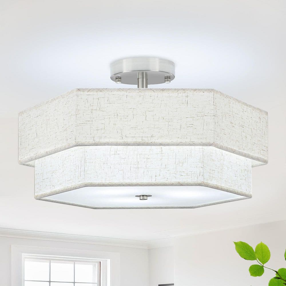 ZSMIHDOH 17.7 in. 3-Light Modern Silver Metal and Fabric Drum Semi ...