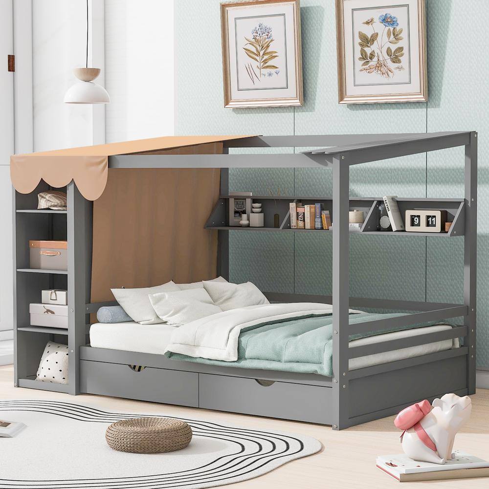 Qualler Gray Wood Frame Full Size Canopy Bed with Wardrobe and 2 ...