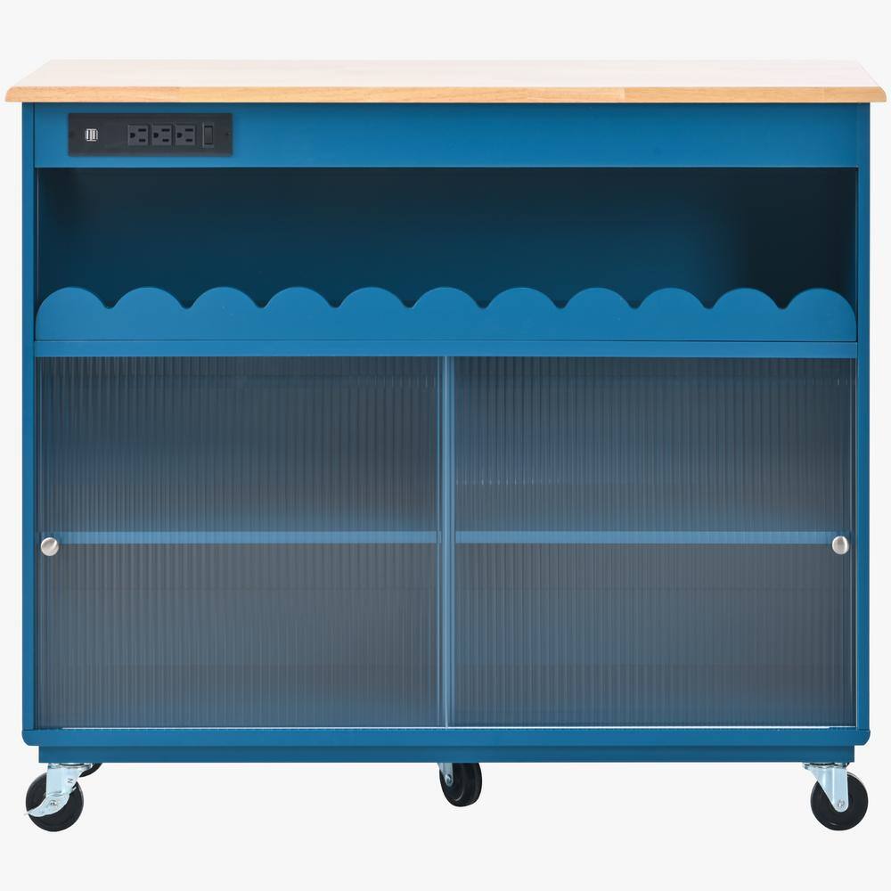 Navy Blue Rubber Wood Kitchen Cart with Drop Leaf, 2-Cabinet, LED Light ...