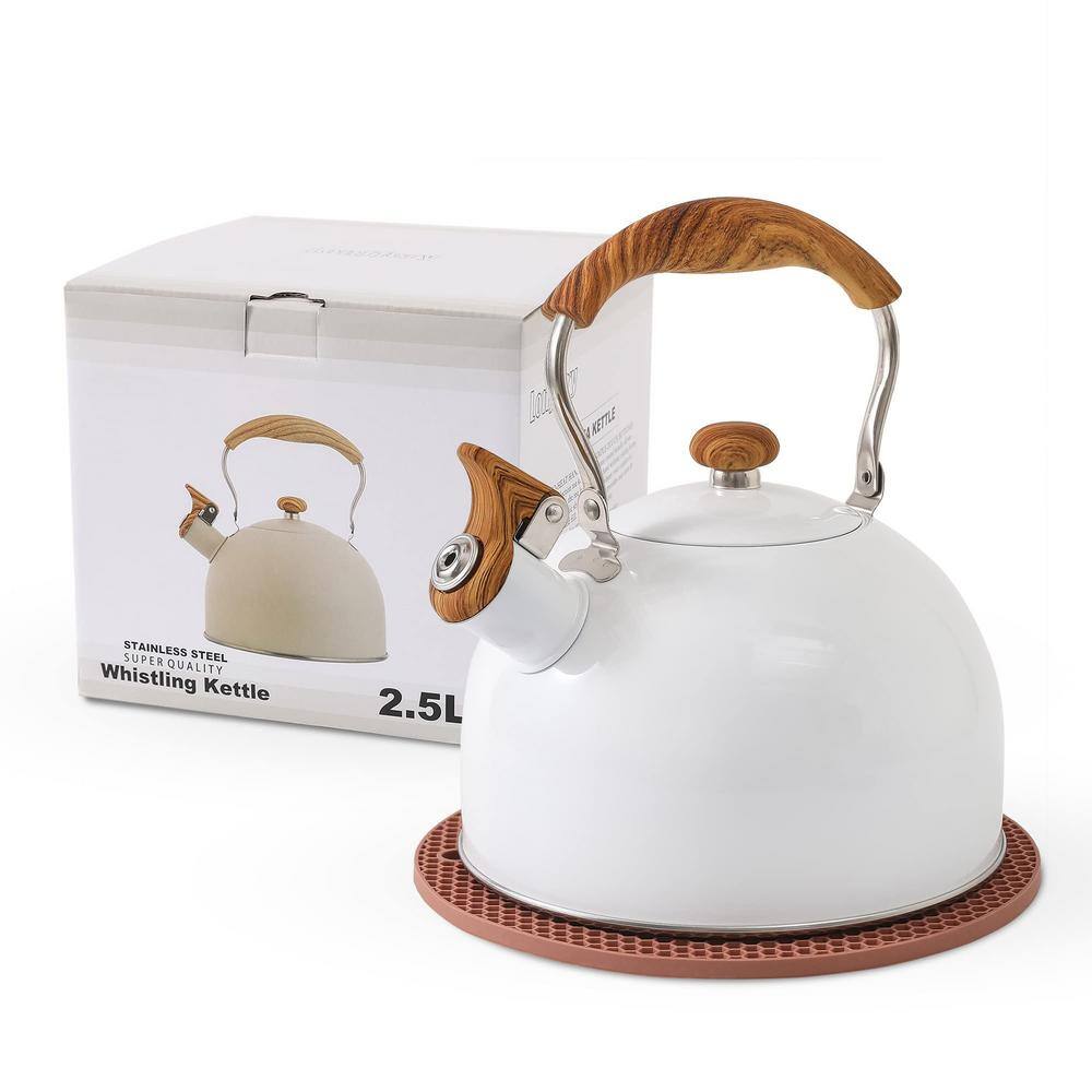 PRIMEPLUS 10-Cups 2.5 Qt. White Stainless Steel Tea Kettle with Wood ...