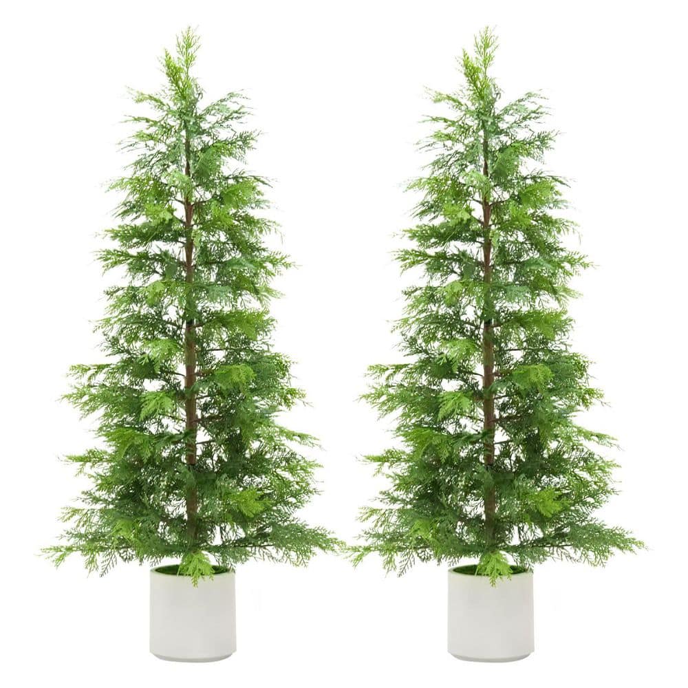 Garvee 2-Pieces 4 ft. Artificial Cedar Topiary Trees with White Pot ...