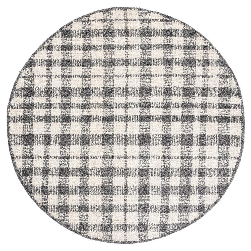 SAFAVIEH Abstract Ivory/Black 6 ft. x 6 ft. Border Plaid Round Area Rug ...