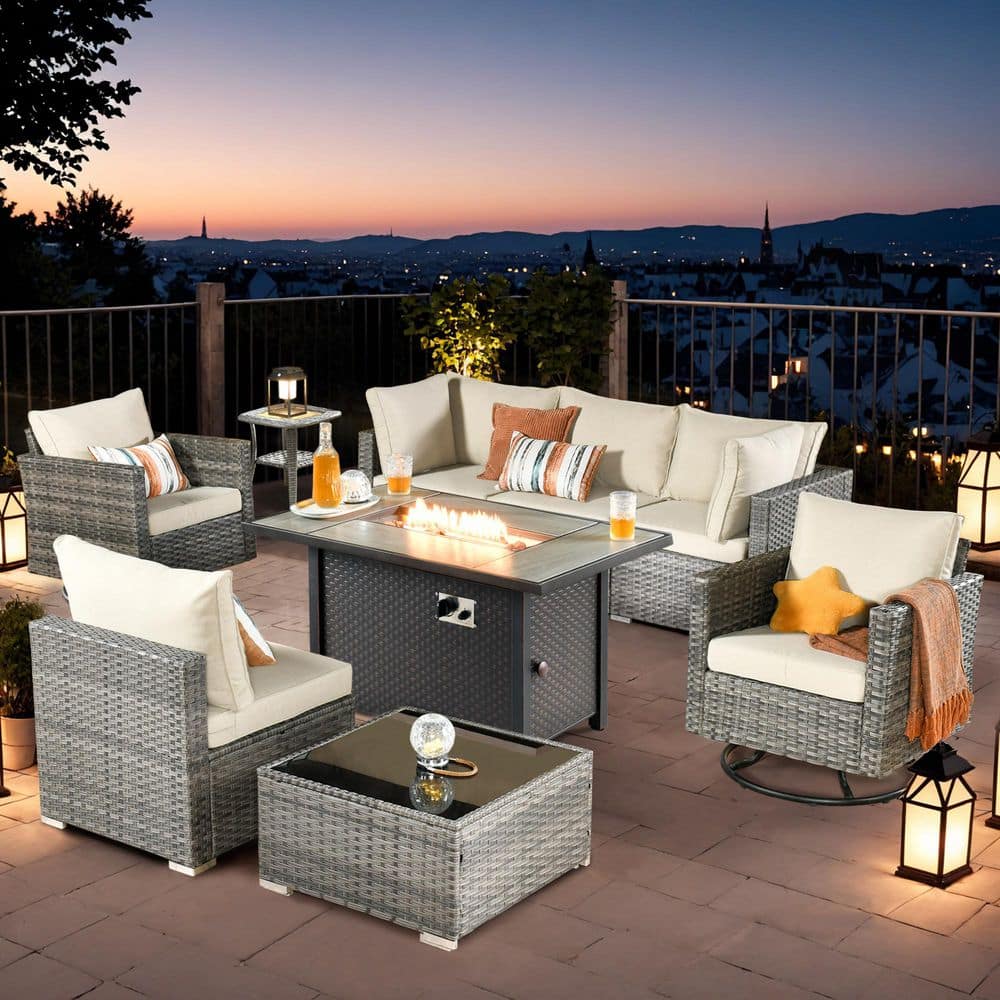 XIZZI Clove 9 Pieces Wicker Outdoor Patio Rectangular Fire Pit Set and ...