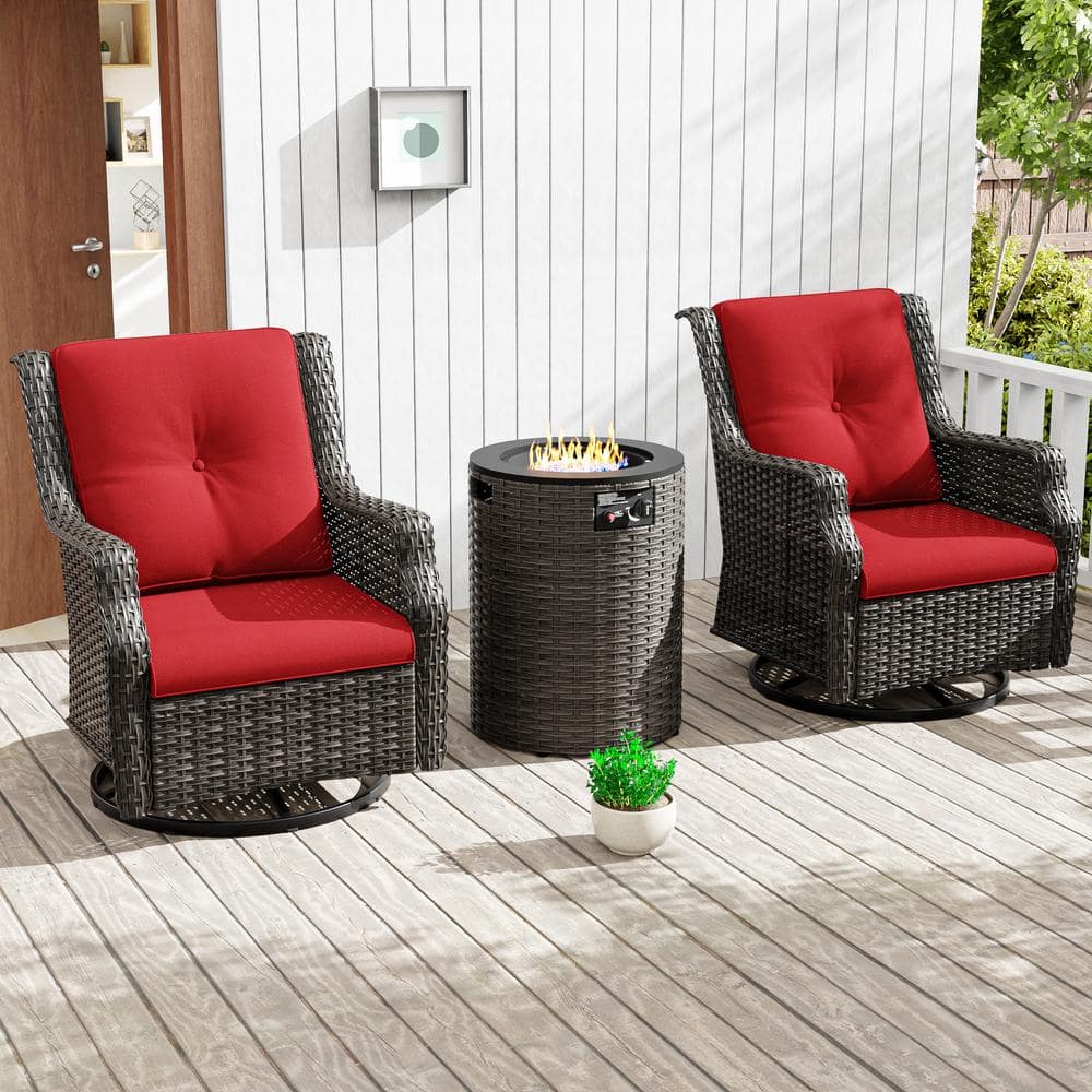 JOYSIDE 3-Piece Wicker Outdoor Patio Fire Pit Swivel Rocking Chair Set with Red Cushions and ...