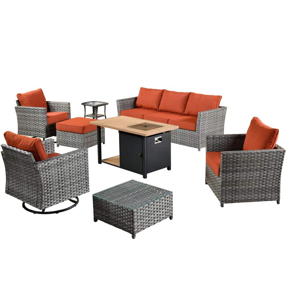 Caodoc Warner Gray 10-Piece Wicker Patio Fire Pit Conversation Set with ...
