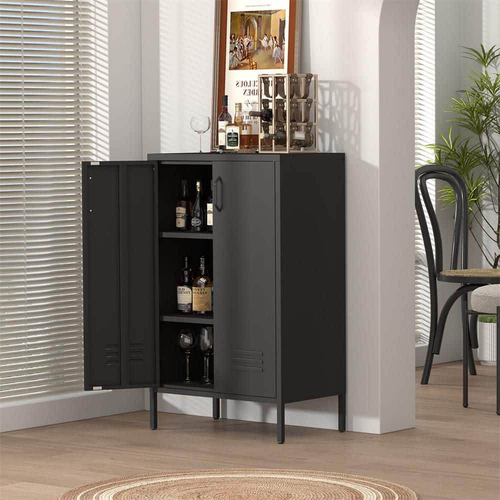 Kahomvis Black 41.9 in. H Steel 2-Door Cabinet with 2 Movable Partitions for Living Room ...